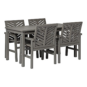 Walker Edison 4 Person Outdoor Wood Chevron Patio Furniture Dining Set Table Chairs All Weather Backyard Conversation Garden Poolside Balcony, 5 Piece, Dark Brown