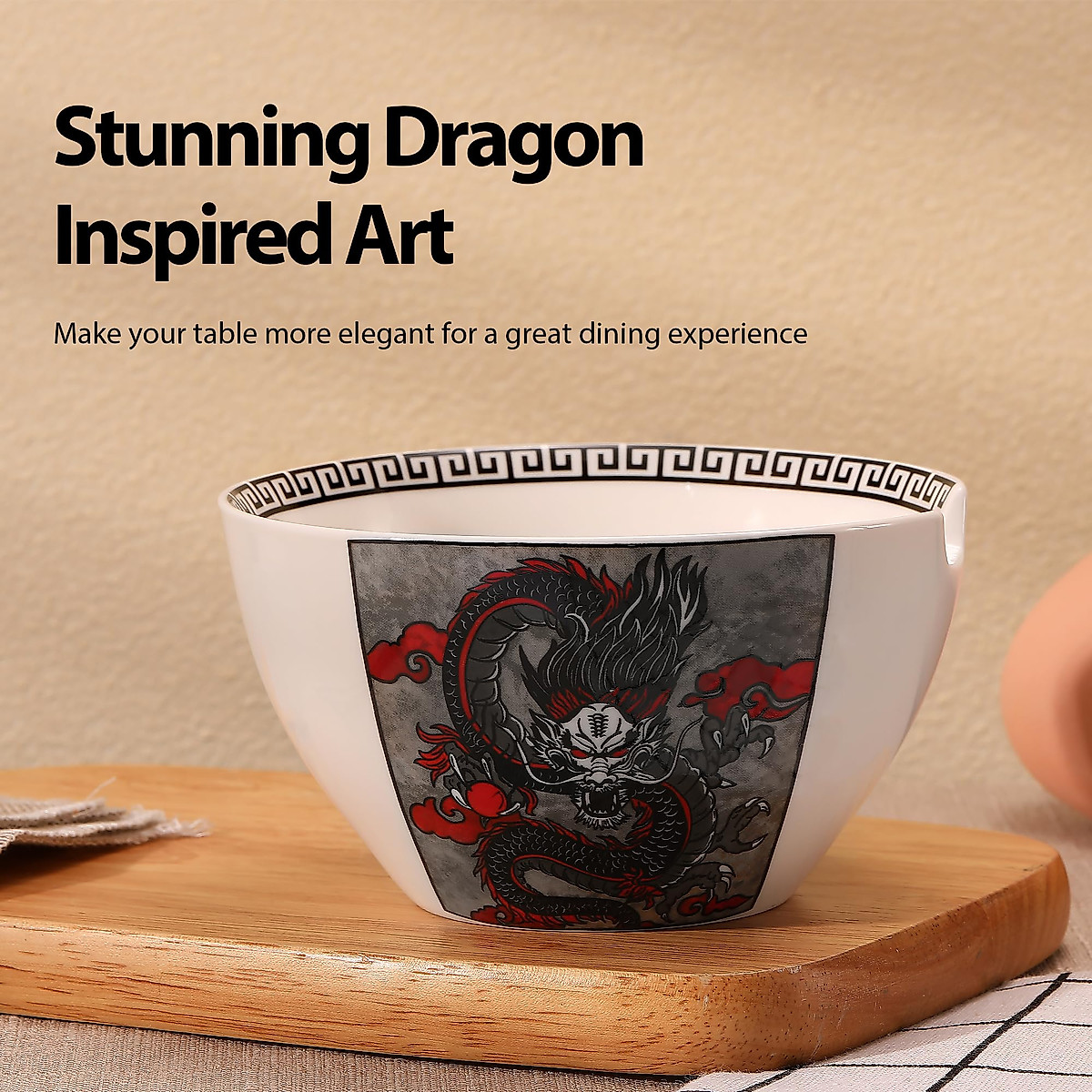 Hagary Dragon Ramen Bowl with Chopsticks Ceramic Bowl Stainless Steel Chopsticks Japanese Style Udon Miso Noodle Soup Bowls Housewarming Wedding Gifts Designed in Korea (Black, 30oz)