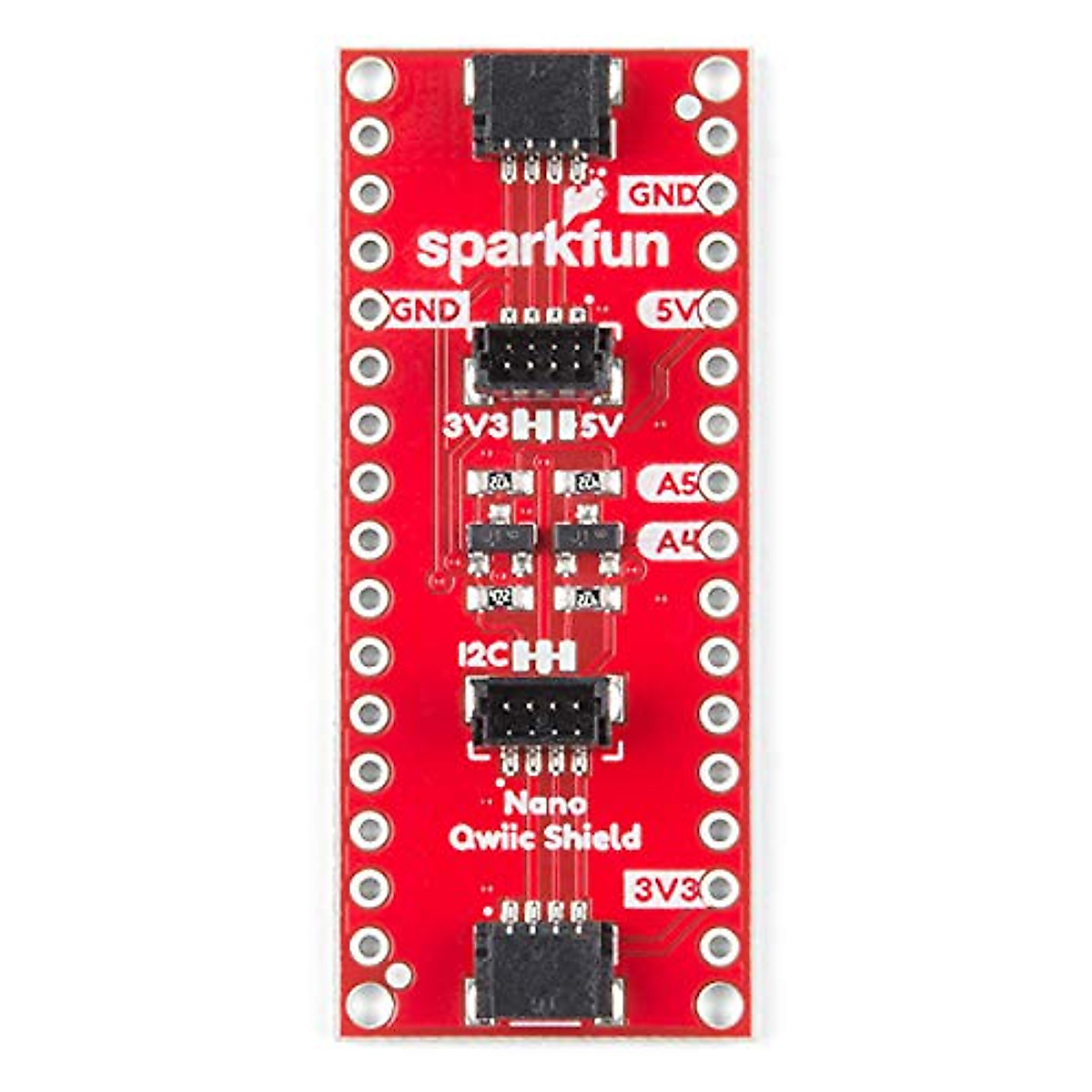 SparkFun Qwiic Shield Compatible with Arduino Nano-connect the I2C bus (GND, 3.3V, SDA and SCL) to four Qwiic connectors (two horizontally and two vertically mounted)-daisy chaining-Soldering Required