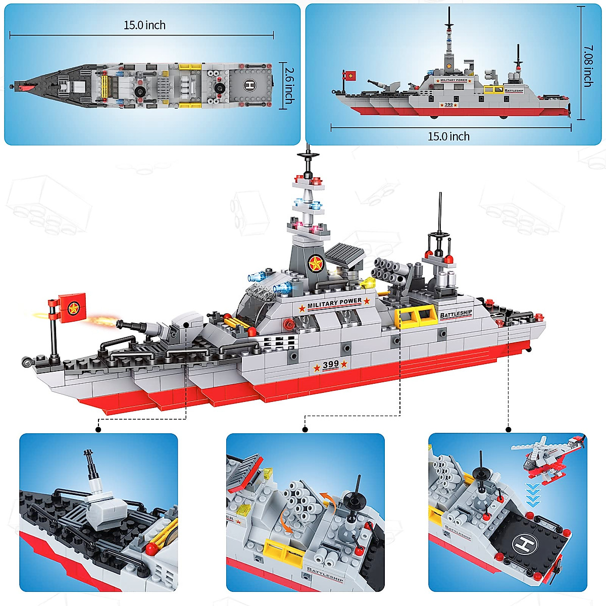 City War Battleship Building Block Set, Military Warship with Rescue Helicopter, Patrol Boat, and Army Vehicle, Best Aircraft Carrier Toys Birthday Gift for Kids and Boys Ages 6+ (952 Pieces)