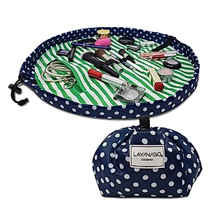 Lay-n-Go Cosmo Drawstring Cosmetic & Makeup Bag Organizer - Portable Drawstring Makeup Bag w/Zipper Pocket, Makeup Loops & More - Durable, Machine Washable Makeup Bag for Travel (20”, Navy/Green)