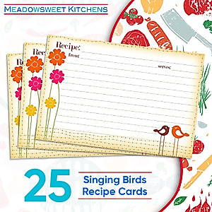 Meadowsweet Kitchens Recipe Card Set - 25 Double Sided Recipe Cards 4 x 6 Inch, Perfect Size Blank Cards for a Recipe Card Box, Make Your Own Personalized Recipe Book - Singing Birds