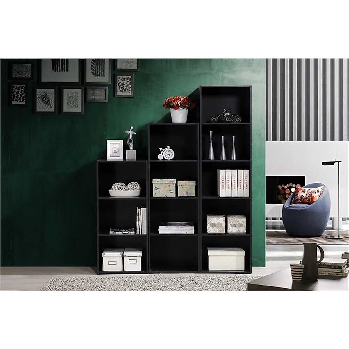 Home Square Five Shelf Wooden Bookcase Set in Black (Set of 2)