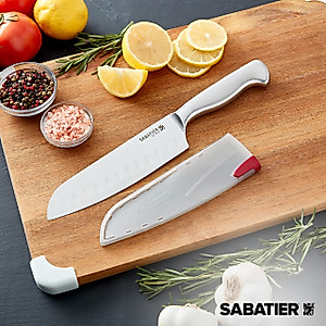 Sabatier Forged Stainless Steel Santoku Knife with Edgekeeper Self-Sharpening Blade Cover, Razor-Sharp Kitchen Knife to Cut Fruit, Vegetables and more, High-Carbon Stainless Steel, 7-Inch
