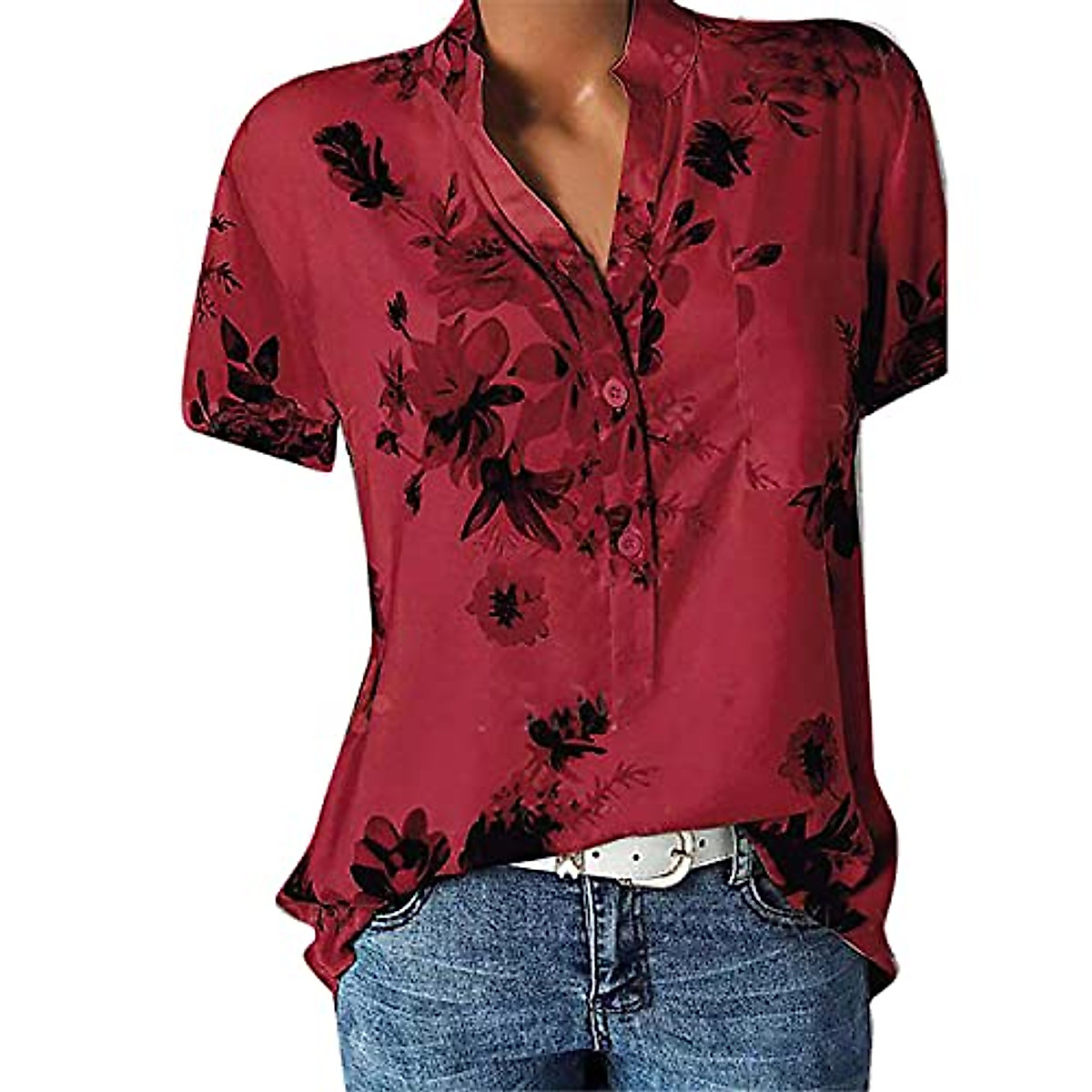 Andongnywell Women's Casual Printed V-Neck Shirt Floral Print V Neck Short Sleeve Shirts Tops Loose Blouses (Red,3,Large)