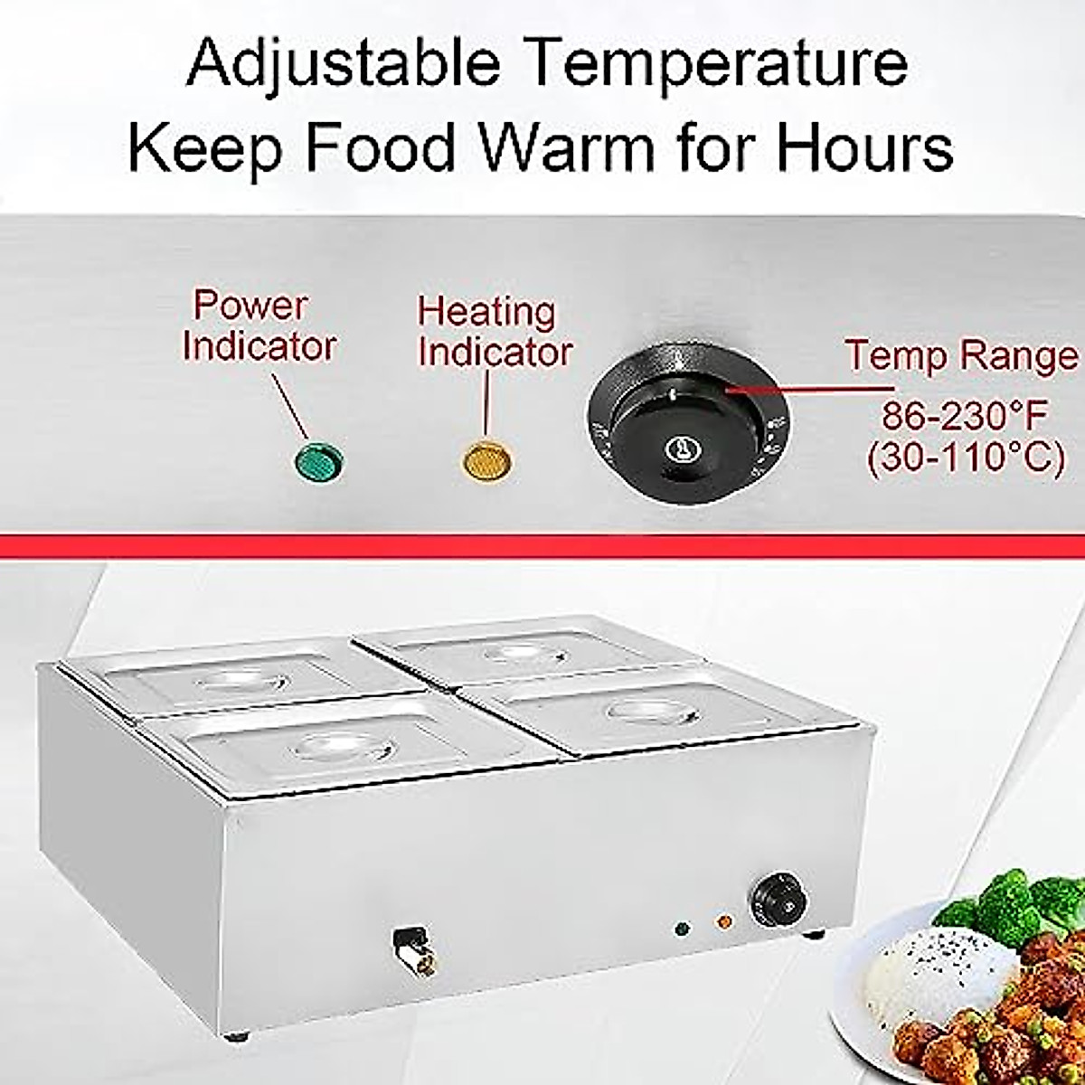 Commercial 1500W Electric Food Warmer, Stainless Steel Steam Table Buffet Server Food Warming Tray, Temperature Control, for Catering and Restaurants