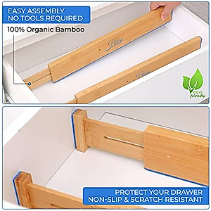 Hugs & Kitchens Bamboo Drawer Dividers - Adjustable, Expandable Kitchen Drawer Organizer for Kitchen Utensils, Clothes, Office Drawer Separator (6pcs)