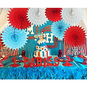 Dr Seuss Cat in The Hat Birthday Decorations Thing 1 and Thing 2 Decorations/Cat in The Hat Baby Shower Decorations/Turquoise Red Tissue Paper Fans for Circus Carnival Birthday Party Decorations