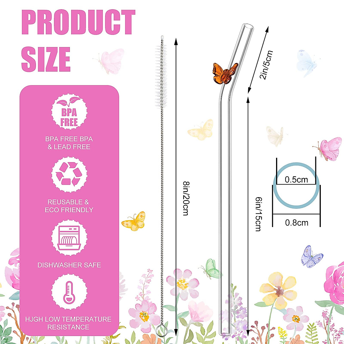 8 Pcs Glass Straws with Butterflies 8 mm x 7.9 Reusable Glass Straws Colorful Glass Butterfly Straws Shatter Resistant Bent Drinking Straws with 2 Cleaning Brushes for Smoothie Juice Beverages