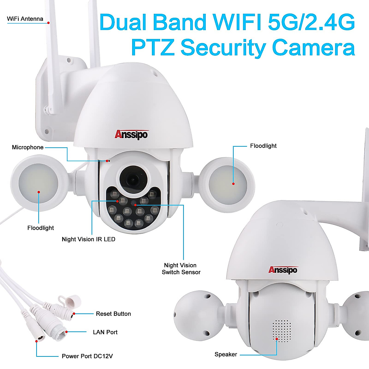 Anssipo 5G 2.4GHz WiFi Security Camera Outdoor Wireless, 3MP Floodlight Video Surveillance, Pan Tilt 360° View, Motion Detection, Auto Tracking Smart Alerts, Two Way Audio