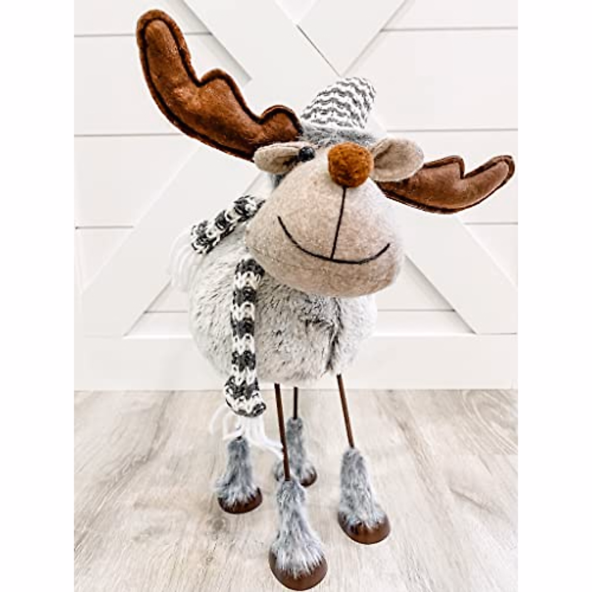 Holiday Deer Decoration - 15" Tall Free-Standing Huge Reindeer Long Antlers - Large Scandinavian Swedish Elk Tomte Gnome Plush Figurine Ornament for Thanksgiving and Christmas Table Home Decor