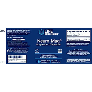 Life Extension Neuro-Mag Magnesium L-Threonate, 150 Veg Caps, Magtein Supplement for Women and Men