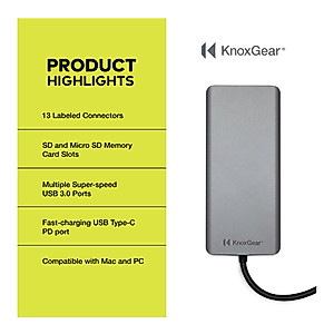 Knox Gear Kernel 13-in-1 USB-C Power Delivery Charging Port Hub, USB C Hub, 2 HDMI Ports, SD and MicroSD Card Slots, Data Transfer Rate of 5 Gbps, Multiport Adapter Compatible with Mac and PC Devices