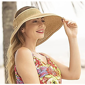 Summer Sun Visors for Women Wide Brim Roll Up Straw Beach Sun Visor Hats Womens Sun Hat Women Beach Hats for Women Foldable Sun Hats for Women, Natural Visors for Women