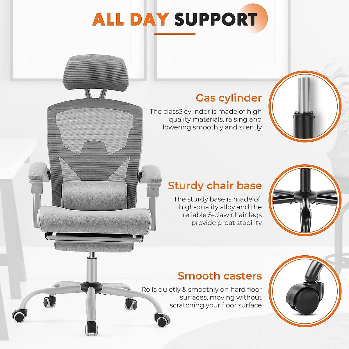 Sweetcrispy Office Computer Desk Chair, Ergonomic High-Back Mesh Rolling Work Swivel Chairs with Wheels, Comfortable Lumbar Support, Comfy Arms for Home, Bedroom, Study, Student, Grey