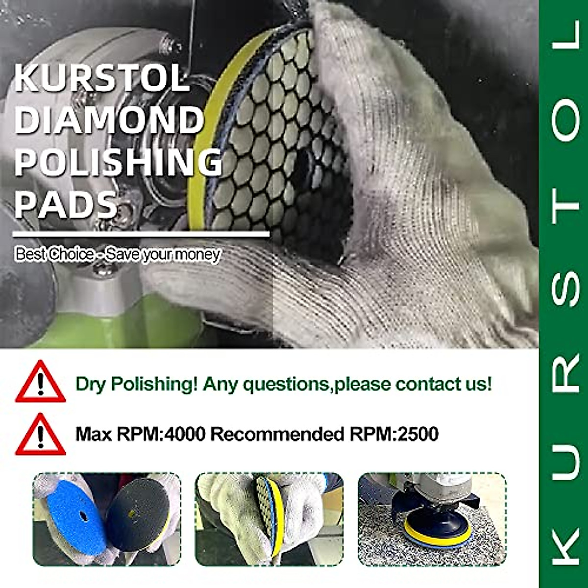 KURSTOL Dry Diamond Polishing Pads Set - 7pcs 4"/100mm Grits #100 Countertop Polishing Pads for Granite Quartz Stone Marble Floor