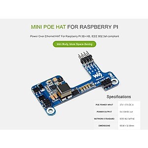 Power Over Ethernet POE HAT for Raspberry Pi 4B/3B+, IEEE 802.3af-Compliant, Mini POE HAT Support Connecting Cooling Fan, Compatible with The Raspberry Pi Official Case