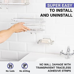 KINCMAX Shower Caddy and Soap Holder, Rustproof SUS304 Stainless Steel, Adhesive Wall Mount Double Baskets 2-pack with Hooks (Polished Silver)