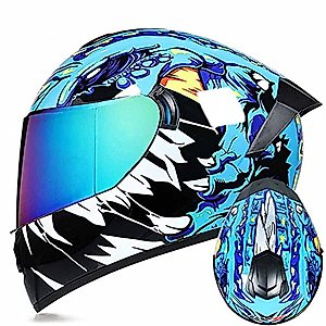 MotuoMr Unisex-Adult Full Face Motorcycle Helmet DOT Approved Motorbike Moped Street Bike Racing Crash Helmet with Graphic (Blue Monster Color Mirror, Small)