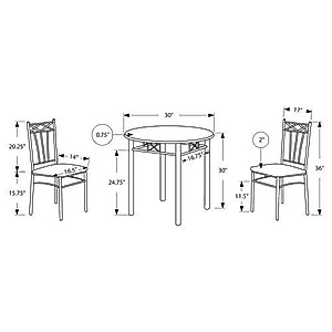 Monarch Specialties 3075 Table, 3pcs, Small, 30" Round, Kitchen, Metal, Laminate, Brown, Grey, Transitional Dining Set, 30" L x 30" W x 30" H, Silver
