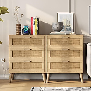 Irontar Set of 2 Rattan Nightstand with Charging Station, Night Stand with Rattan Decorated Drawers, Accent End Table, Bedside Table with Solid Wooden Legs for Bedroom, Natural BZZ006ME02