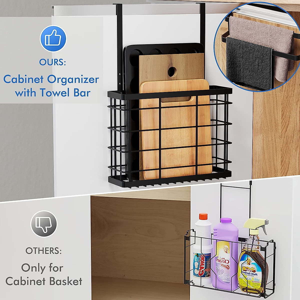 LIVOD 2 Pack Cabinet Door Organizer with 2 Double Towel Bar, Cutting Board Organizer, Kitchen Towel Holder with Foil and Wrap Organizer