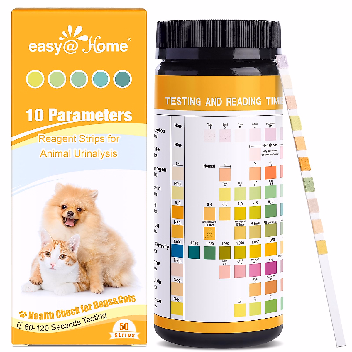 Easy@Home Pet Diabetes UTI Urine Test Strips 50 Counts, 10-in-1 Dog & Cat Urinalysis Kit Testing Glucose/Blood/Ketone/Bilirubin/pH/Protein/Urobilinogen/Nitrite/Leukocytes/SG