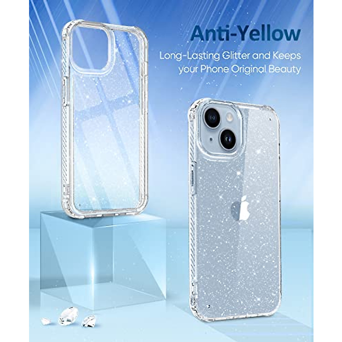 MIODIK iPhone 14 Plus Case with Screen Protector + Camera Lens Protector, [Non-Yellowing] Clear Glitter Protective Shockproof Phone Case for Women Girls, 6.7 Inch - Sparkle Clear