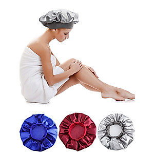 Blulu 3 Pieces Sleep Cap Satin Bonnet Night Head Cover Sleeping Soft Hair Turbans for Women and Girls (Silver Wine red Royal Blue)