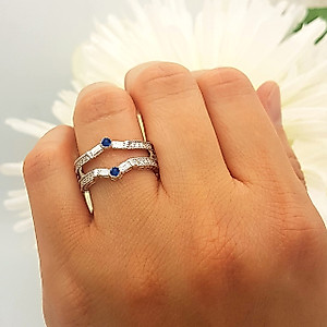 Dazzlingrock Collection 18K Round & Baguette White Diamond & Blue Sapphire Wedding Enhancer Guard Band, White Gold, Size 7