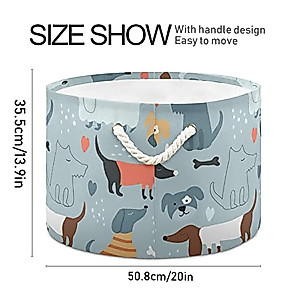xigua Cute Funny Dog And Bone Large Round storage basket 20 x14 Inches Collapsible Round Storage Bin, Laundry Basket Organizer for Towels, Blanket, Toys, Clothes