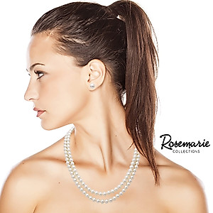 Rosemarie Collections Women's Double Strand Classic Cream Simulated Pearl Necklace and Earring Jewelry Set, 20" - 22.5" with 2.5" Extender