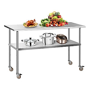 apwang Stainless Steel Work Table 24 x 62 Inch, Commercial Kitchen Prep & Work Table Heavy Duty Prep Worktable Metal Work Table with Wheels for Restaurant, Home and Hotel