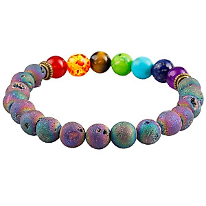 SUNYIK Rainbow Aura Titanium Coated Crystal Druzy Bracelet,7 Bead Chkara Healing