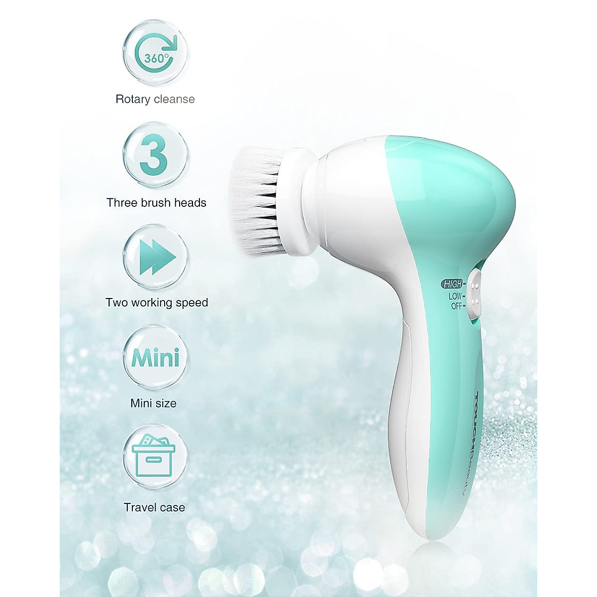 TOUCHBeauty Portable Facial Brush Set with Case & 3 Spin Brush Heads, 0.055mm Deep Pores Cleansing Bristle, Soft Silicone Massager Brush Face Exfoliator Brushes, Mini Travel Size Battery Powered