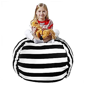 TOUCH-RICH Stuffed Animal Storage Bean Bag Chair 38” Beanbag Cover Only Plush Toys Holder Organizer 100% Cotton Canvas for Kids Child, Black Stripes