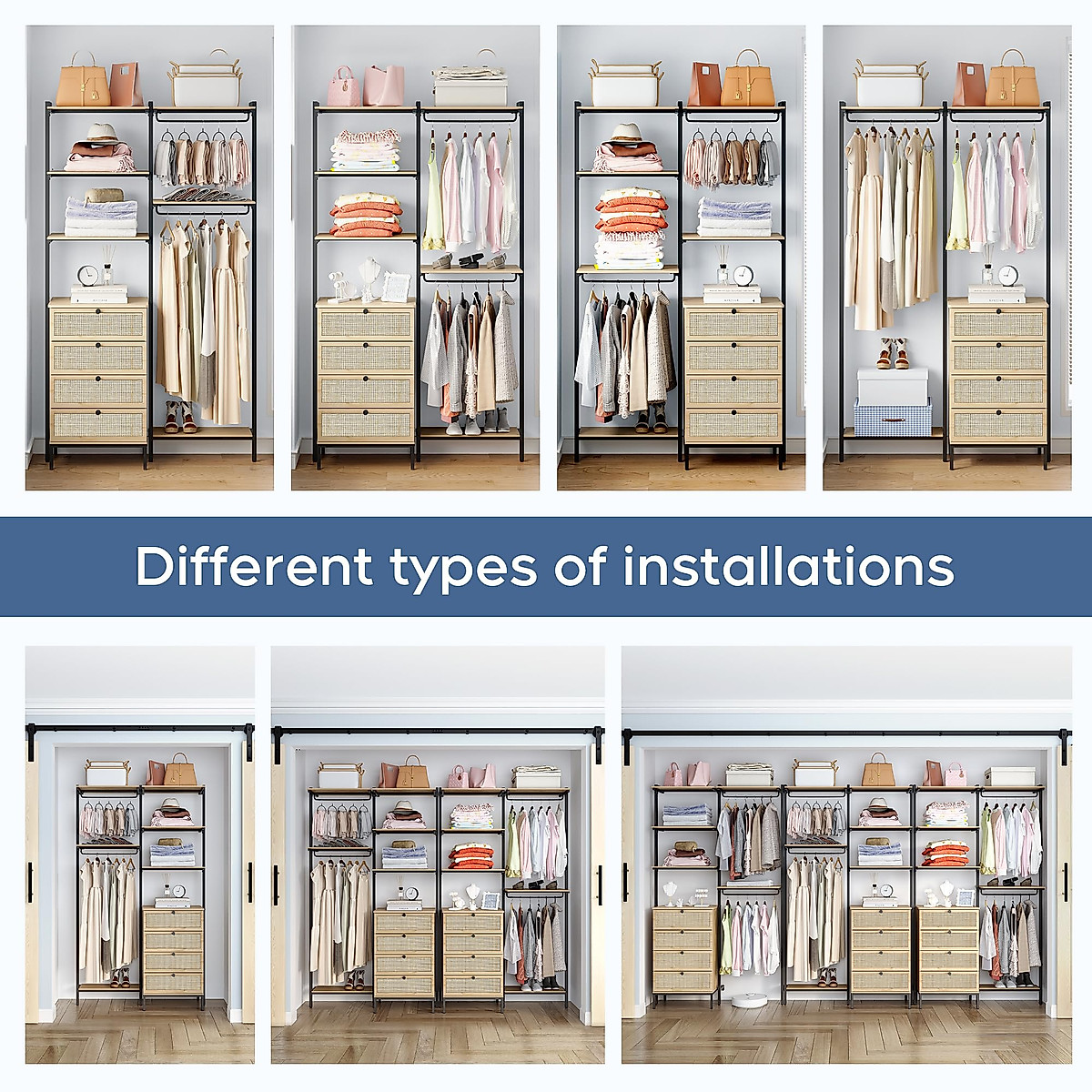 98.04 Inches Closet System, Large Wall Mount Wardrobe Cabinet Clothes Storage and Organizer Heavy-Duty Garment Rack Walk-in Clothes Rack with 8 Natural Rattan Drawers for Bedroom and Walk in Closets