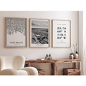 Dear Mapper Long Beach United States View Abstract Road Modern Map Art Minimalist Painting Black and White Canvas Line Art Print Poster Art Line Paintings Home Decor (Set of 3 Unframed) (12x16inch)