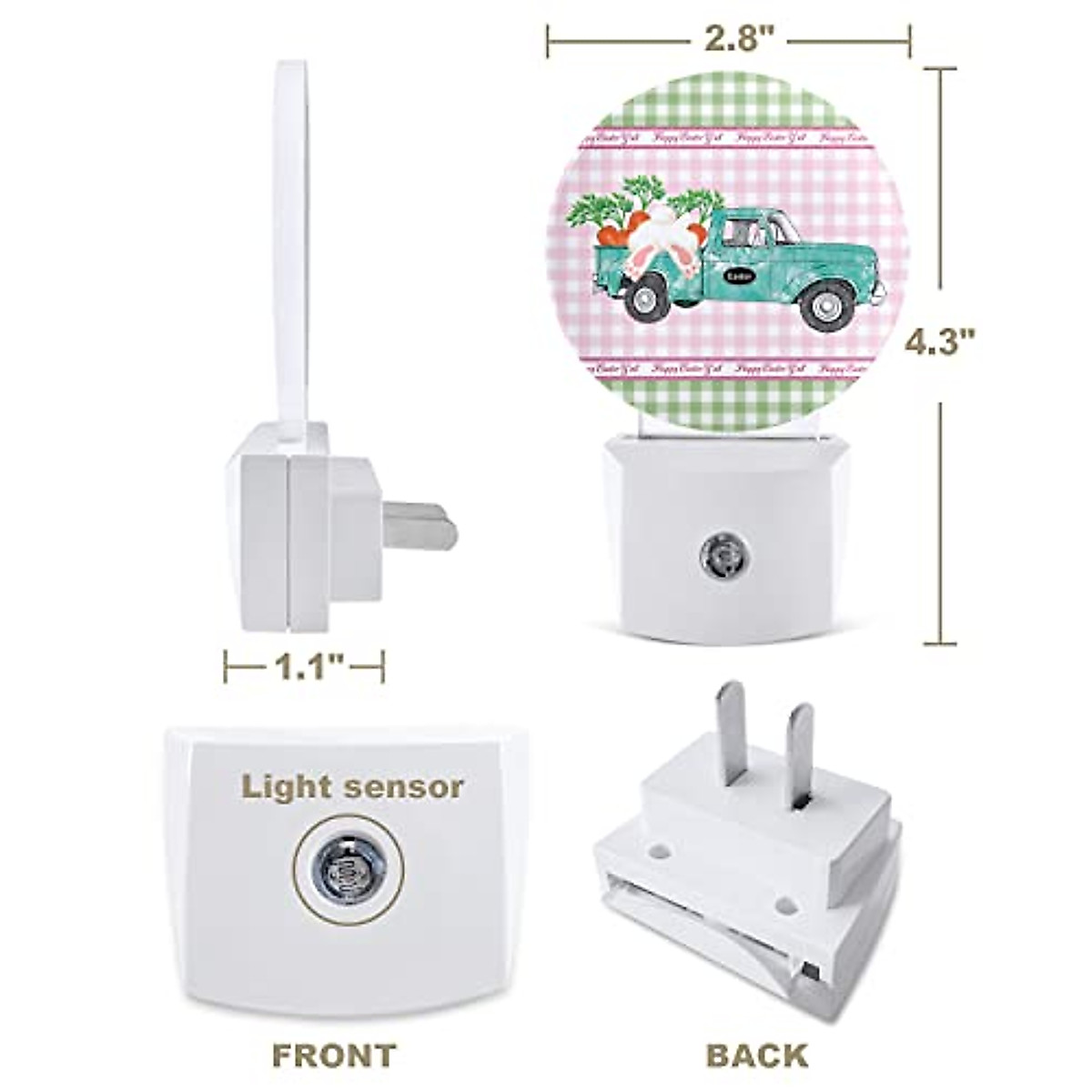 Happy Easter Truck Bunny Night Lights Plug into Wall, Pink Green Buffalo Blue Auto Round LED Lights with Dusk to Dawn Sensor for Bedroom, Bathroom, Hallway, Kitchen, Kids, Home Decor