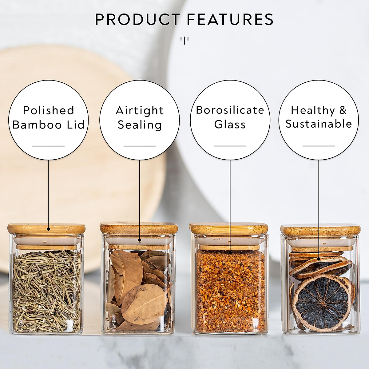 Laramaid 7oz 12Packs Glass Jars Set with 208 Minimalist Spice Labels, Square Spice Jars with Bamboo Lids and White Vinyl Customized Sticker Labels, Food Storage Container Canisters