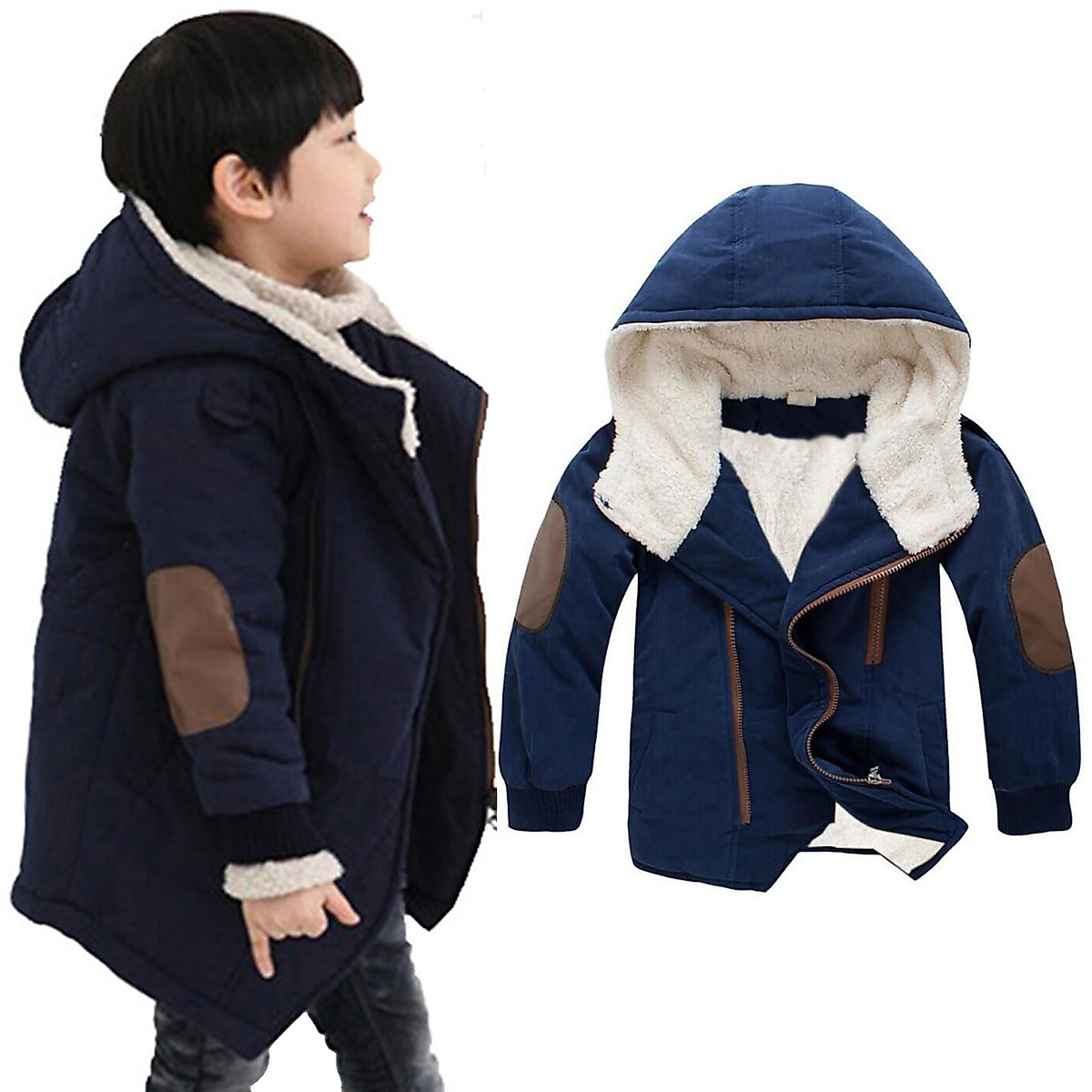 EISHOW Clearance Kids Boys Warm Thick Jackets Hooded Cotton Fleece Parka Coat Children Winter Zipper Outerwear (Navy, 4-5 years)