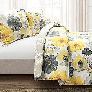 Lush Decor Leah 6 Piece Floral Duvet Set, King, Yellow & Gray