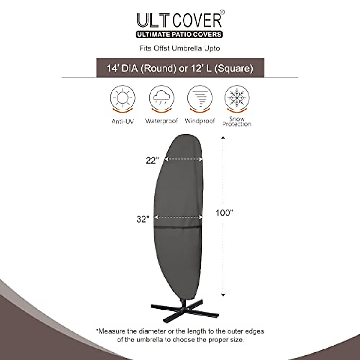 ULTCOVER Patio Umbrella Parasol Cover - 600D Waterproof Outdoor Offset Banana Style Umbrella Cover - Fits Cantilever Offset Umbrella 12-14 Feet, Black
