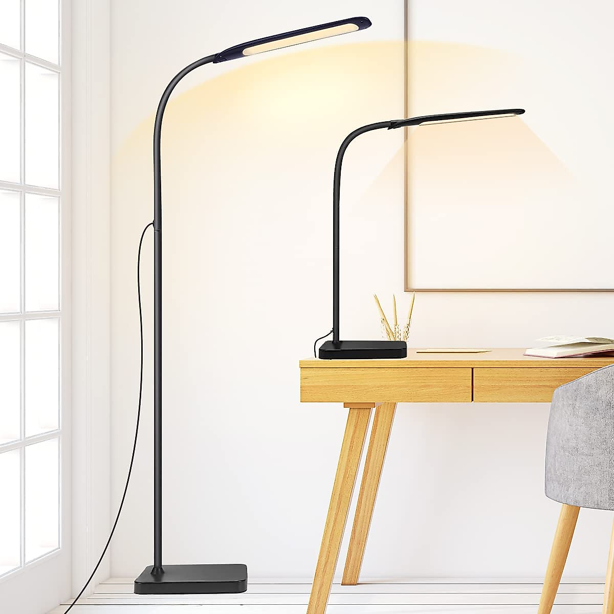 Joymon LED Floor Lamp, Adjustable Gooseneck Standing Lamp with 3 Color Temperature 3000K-6000K and 10-100% Stepless Dimmer, 2 in 1 Modern Desk Reading Lamp for Living Room, Bedroom and Office, Black
