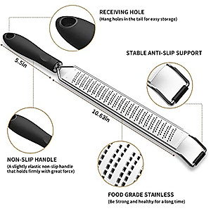 Lemon Zester & Cheese Grater – A Sharp Kitchen Tool for Parmesan, Ginger, Garlic, Nutmeg, Chocolate, Vegetables, Fruits - Stainless steel, Black