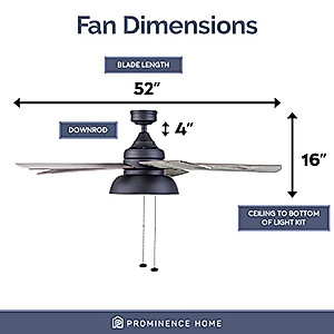 Prominence Home Brightondale, 52 Inch Industrial Style Indoor Outdoor LED Ceiling Fan with Light, Pull Chain, Dual Mounting Options, 5 Dual Finish Blades, Reversible Motor - 51659-01 (Matte Black)