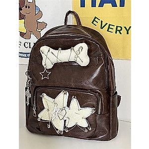 JHTPSLR Y2K Gothic Backpack Vintage Aesthetic PU Leather Backpack Y2K Gothic Accessories Backpack Grunge Y2K Backpack Trendy Backpack (Retro Brown)