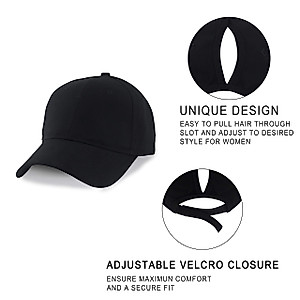 Muryobao Womens Ponytail Baseball Cap Messy High Bun Ponycap Adjustable Snapback Summer Sun Hat Plain Trucker Dad Hat Cotton Black