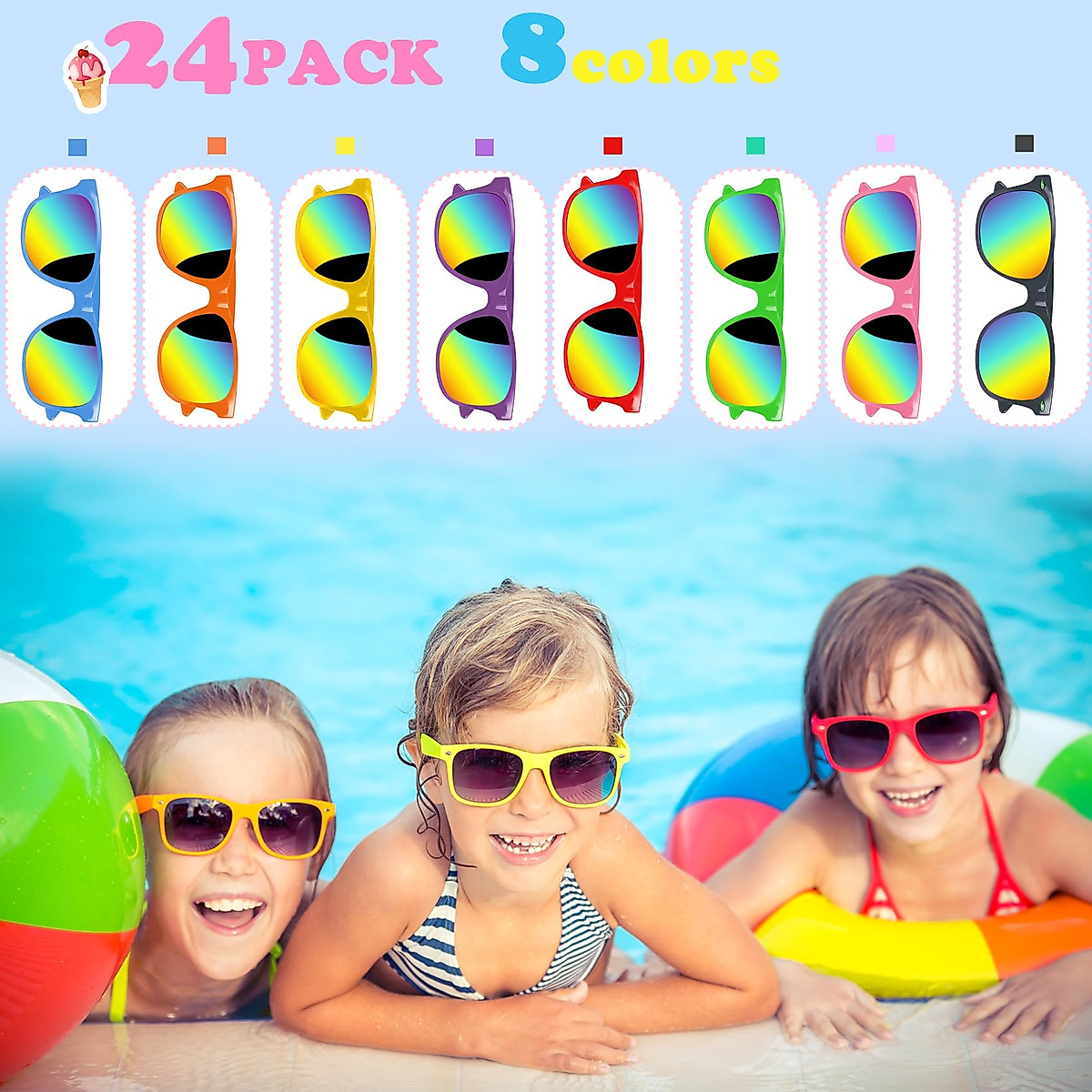 48 Pieces Summer Sunglasses Beach Balls Bulk Party Favors for Kids 24Pack Neon Sunglasses 24Pack Beach Balls Kid Boys Girls Graduation Party Supplies for Beach Day Pool Party Favors Goodie Bag Favors