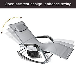 Wostore Rocking Lounger Patio Chaise Sunbathing Chair with Recliner Movable Sleep Bed Included Pillow and Breathable Texteline Farbic-Grey